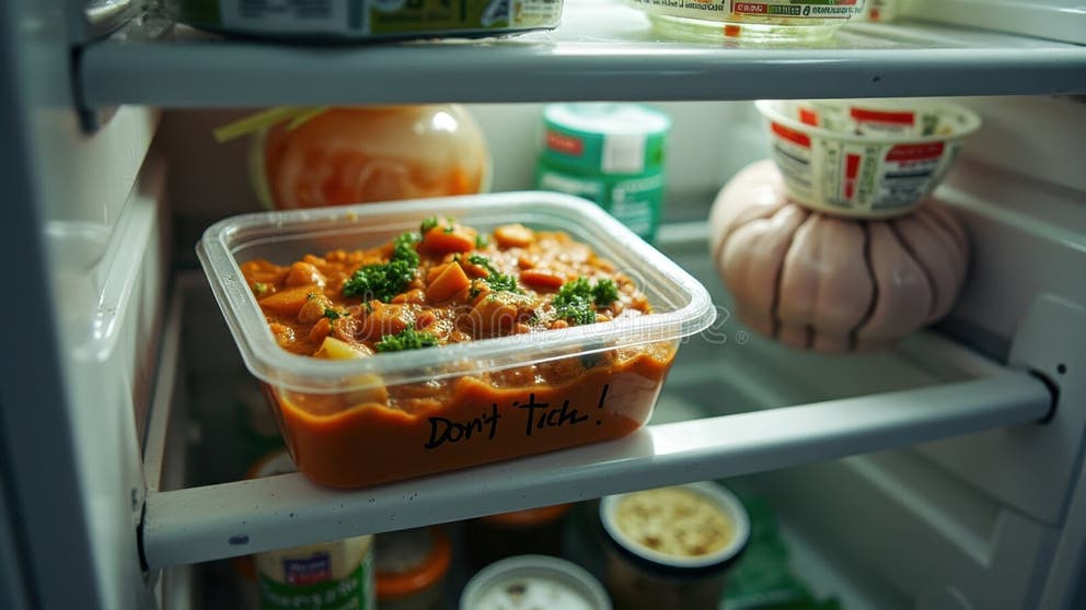 Homemade Vegetable Stew in Open Fridge with Labeled Container and Fresh ...