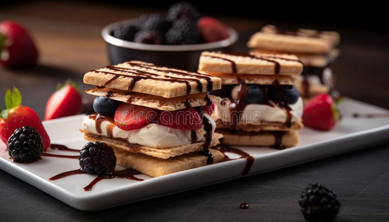 Homemade Waffle Stack with Fresh Berries and Chocolate Sauce Indulgence ...