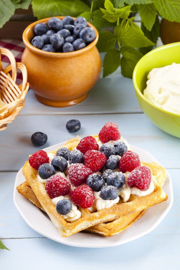 Homemade Waffles with Fruit Stock Photo - Image of fresh, raspberry ...