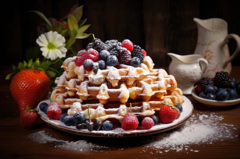 Homemade Waffles with Powdered Sugar and Fruit Stock Photo - Image of ...
