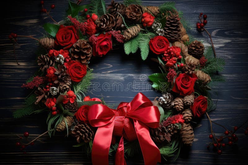 Homemade Wreath Made of Pine Branches, Cones, and Red Ribbons Stock ...