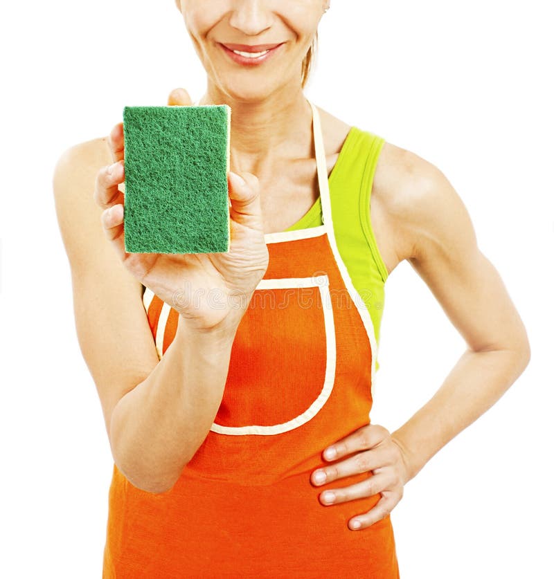 Homemaker in an Apron Holding a Sponge Washer Stock Photo - Image of ...