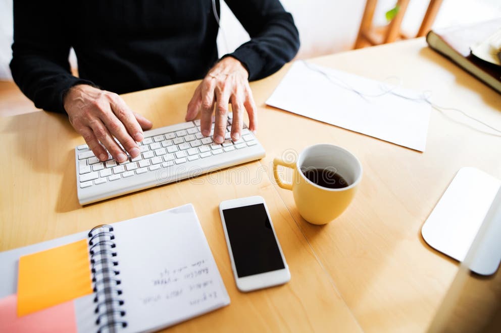 Homeoffice Setup, High Angle View. Man Working on Computer from Home ...