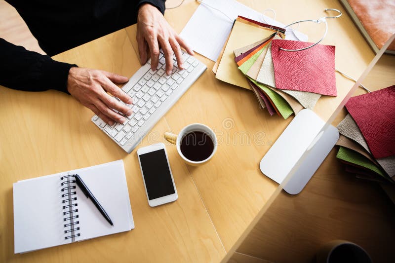 Homeoffice Setup, High Angle View. Man Working on Computer from Home ...