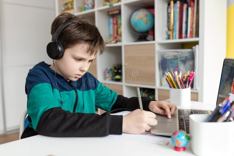 Homeschooled Boy Having Online Class Stock Image - Image of computer ...
