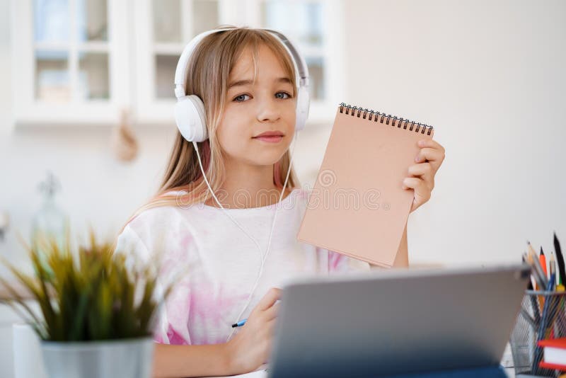 Homeschooled Little Young Girl Student Having Online Class Using ...