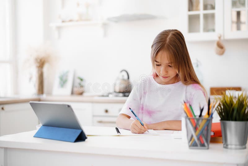 Homeschooled Little Young Girl Student Having Online Class Using ...