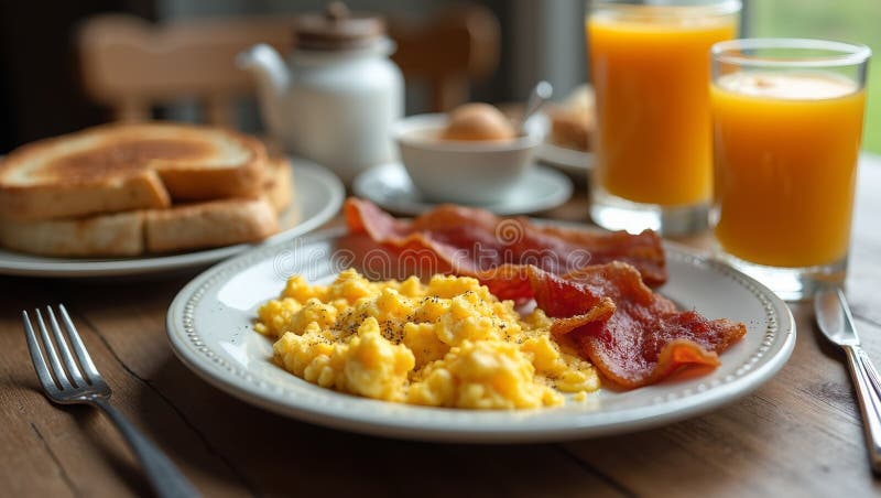 Homestyle Breakfast Spread with Scrambled Eggs Bacon Toast and OJ on ...