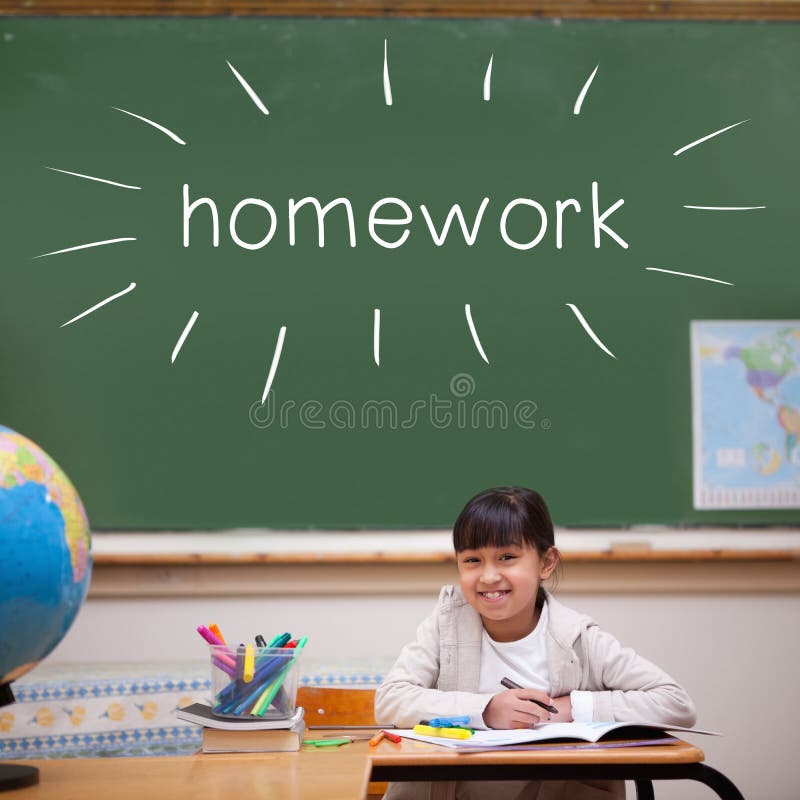 Homework Against Cute Pupil Sitting at Desk Stock Photo - Image of ...