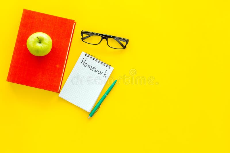 Homework Concept. Word Homework Written in Notebook on Yellow Desk with ...