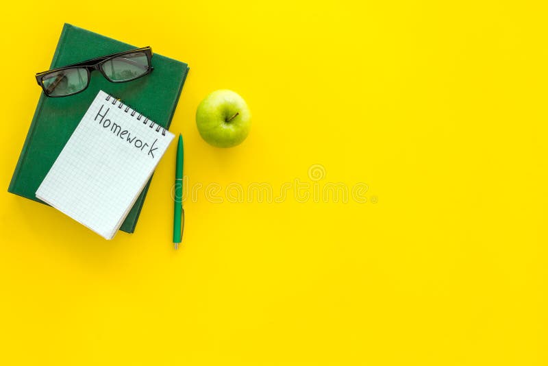 Homework Concept. Word Homework Written in Notebook on Yellow Desk with ...