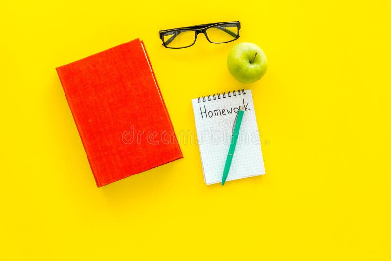 Homework Concept. Word Homework Written in Notebook on Yellow Desk with ...