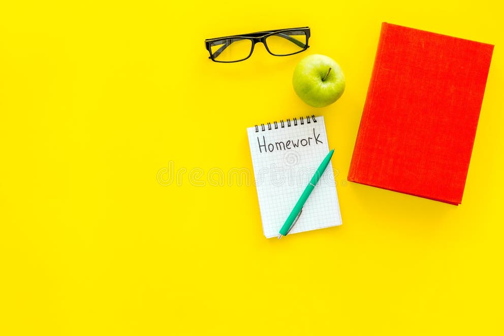 Homework Concept. Word Homework Written in Notebook on Yellow Desk with ...