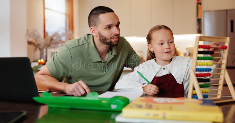 Homework, Father and Girl with Abacus, Help and Education with ...