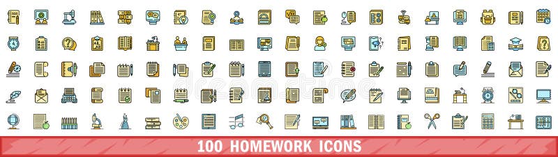 100 Homework Icons Set, Color Line Style Stock Illustration ...