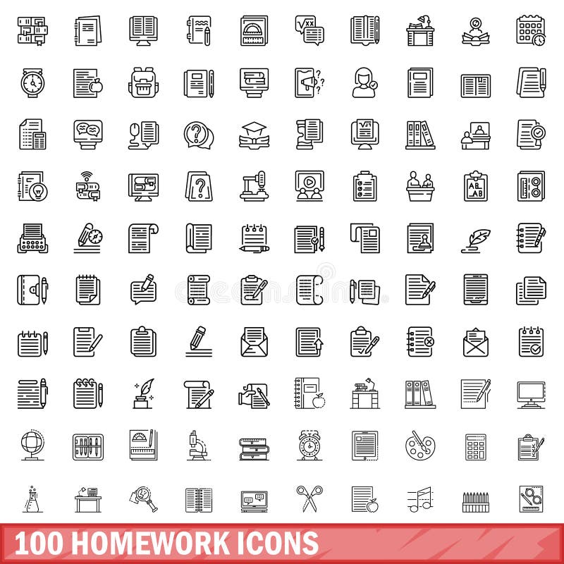 100 Homework Icons Set, Outline Style Stock Vector - Illustration of ...