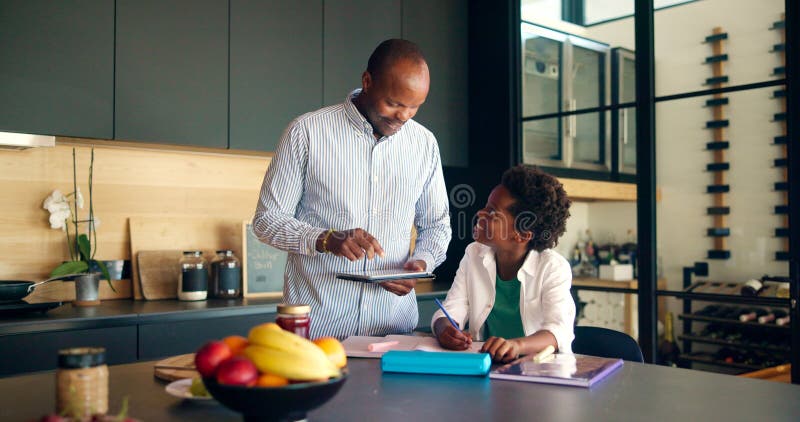 Homework, Kid or Father with Tablet in Home for Elearning Lesson ...
