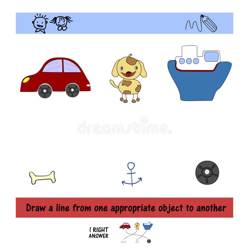Homework for Kids How To Draw a Line between the Objects. Stock Vector ...