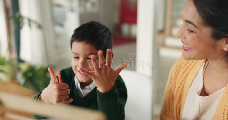 Homework, Math and Mother High Five Child for Learning, Study and ...