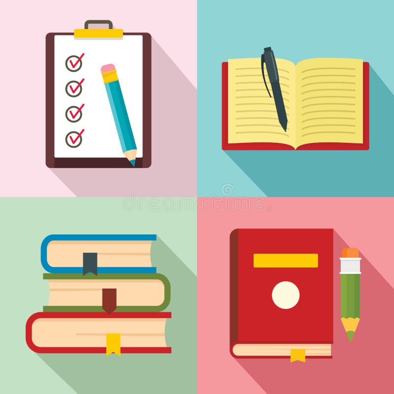 Homework Study School Icons Set, Flat Style Stock Illustration ...