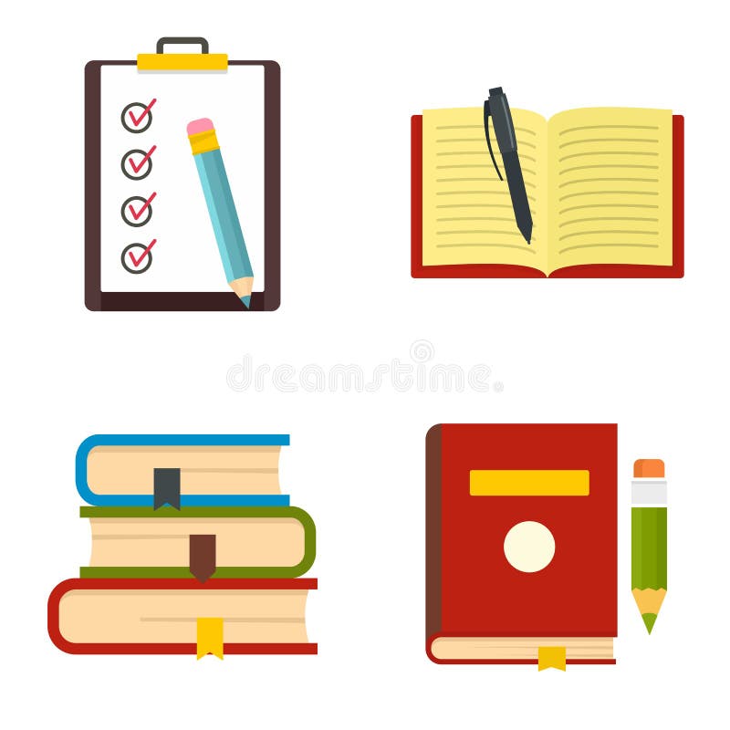 Homework Study School Icons Set, Flat Style Stock Illustration ...