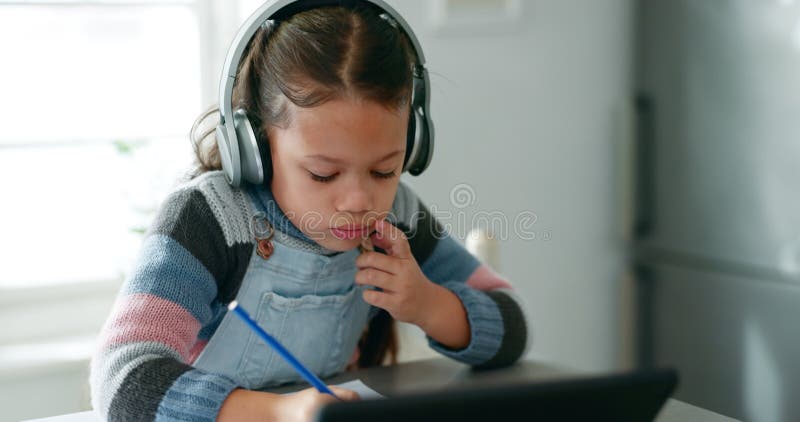 Homework, Thinking and Child with Headphones, Writing Exam and Learning ...