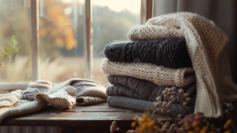 A Homey Corner with a Stack of Cozy Sweaters in Various Textures and ...