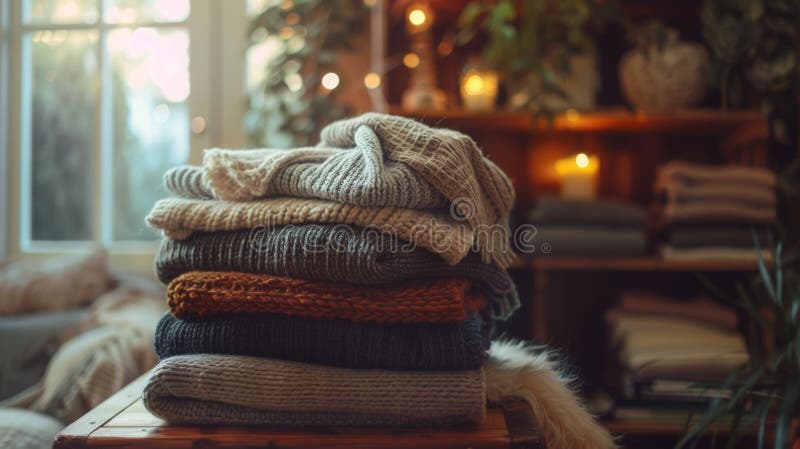A Homey Corner with a Stack of Cozy Sweaters in Various Textures and ...