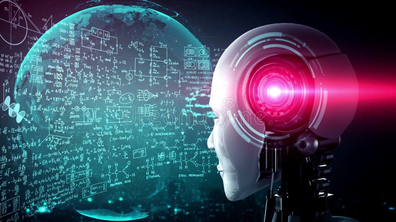 Hominoid AI Robot Looking at Hologram Screen in Concept of Math ...