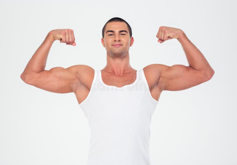 Homme Musculaire Heureux Montrant Son Biceps Image Stock Image Du