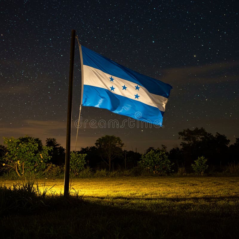 Honduran Flag Waves at Night, Featuring Three Horizontal Stripes in ...