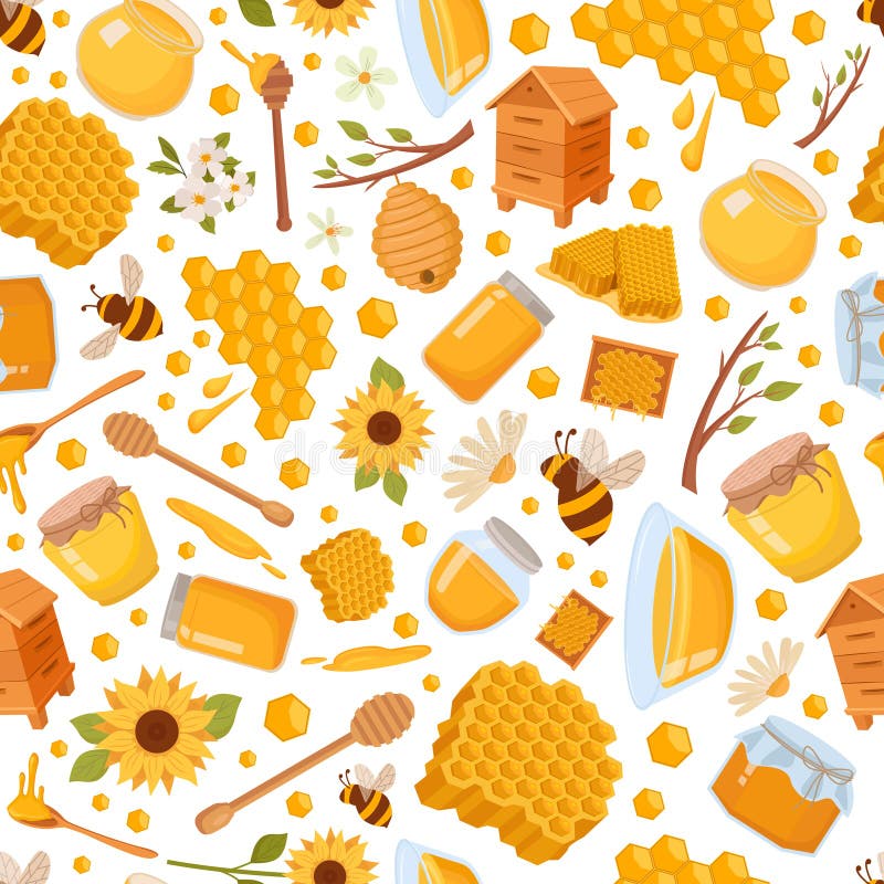 Honey. Apiary Bees Beehive Sunflower Honeycomb, Seamless Pattern ...