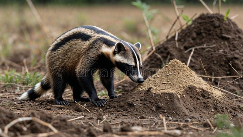 Honey Badger Digging Near Termite Mound Behind Field Hut Stock ...