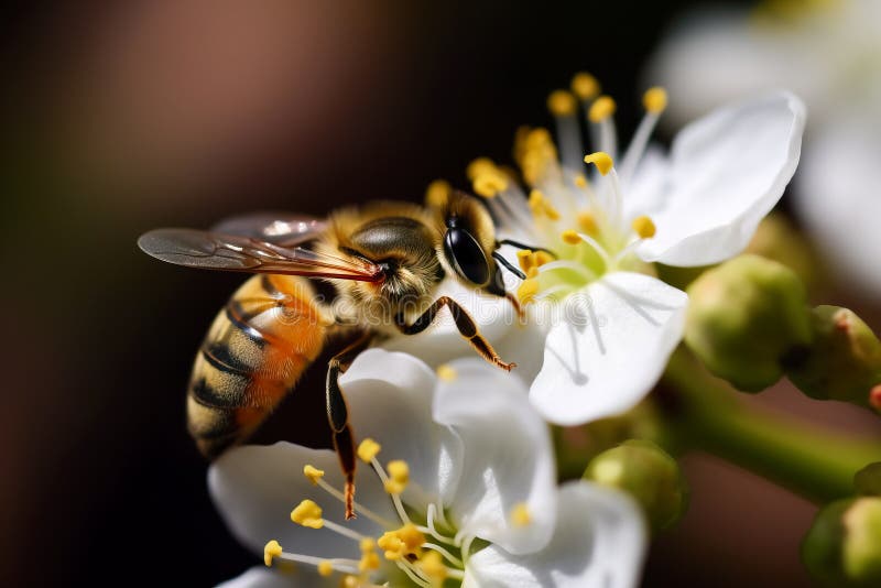 Honey Bee Collecting Nectar from White Flowers of Cherry Tree ...