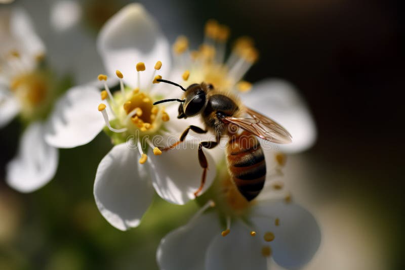 Honey Bee Collecting Nectar from White Flowers of Cherry Tree ...