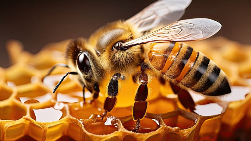Honey bee on honey comb stock photo. Image of pollination - 299228156