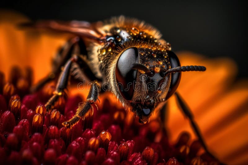 Honey Bee on Flower Sunflower Close Up Macro. Generative AI Stock ...