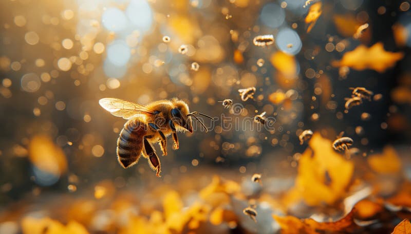 Honey Bee Flying among Autumn Leaves Stock Photo - Image of outdoors ...