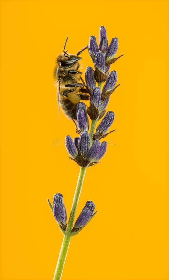 Honey Bee Foraging on a Lavander in Front of an Orange Backgroun Stock ...