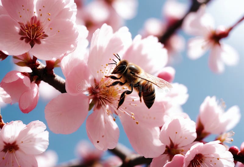 Honey Bee Harvesting Pollen from Cherry Blossom Close Up Stock ...