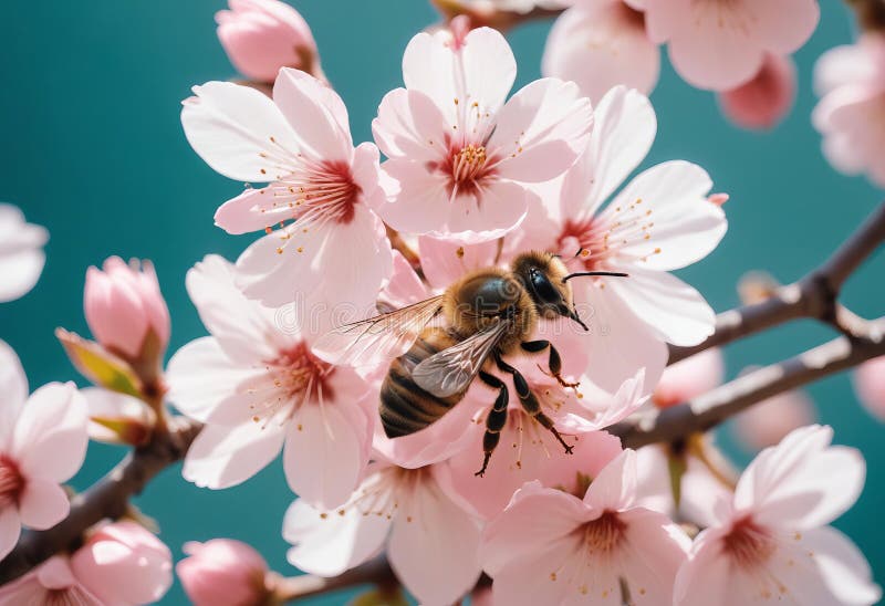 Honey Bee Harvesting Pollen from Cherry Blossom Close Up Stock ...