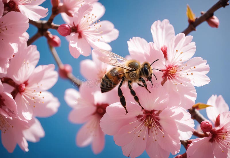 Honey Bee Harvesting Pollen from Cherry Blossom Close Up Stock ...