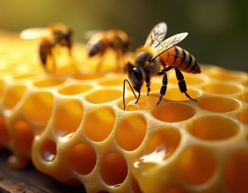Honey Bee on Honeycomb - Closeup of Honey Bee Collecting Honey Stock ...