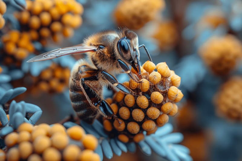 A Honey Bee Immersed in Honeycomb Surrounded by Blurred Bees in the Foreground and Background ...