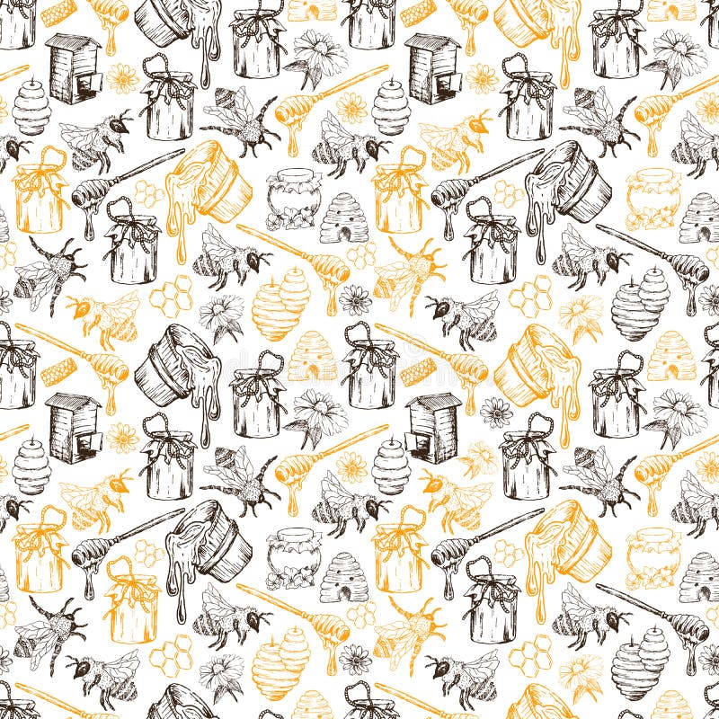 Honey Bee Seamless Pattern Sketch Hand Drawn Vector Illustration Stock ...