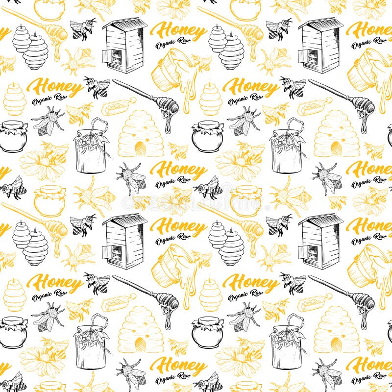 Honey Bee Seamless Pattern, Sketch Vector Illustration with Bee Hives ... Honey Bee Seamless Pattern, Sketch Vector Illustration with Bee Hives ...