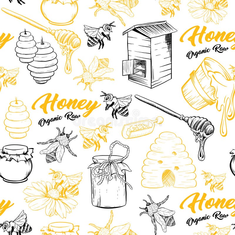 Honey Bee Seamless Pattern, Sketch Vector Illustration with Bee Hives ... Honey Bee Seamless Pattern, Sketch Vector Illustration with Bee Hives ...