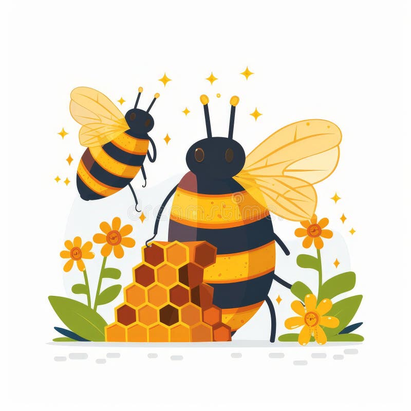 Honey Bee with Spring and Honeycomb Beehive Cartoon Flat Illustration ...