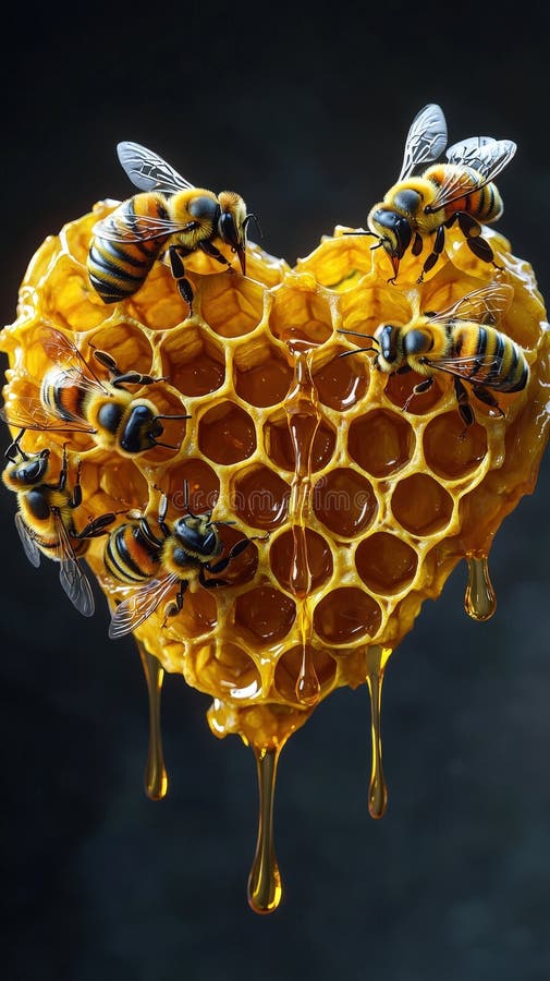 Honey Bees on Heart-shaped Honeycomb with Honey Drips Stock Photo ...