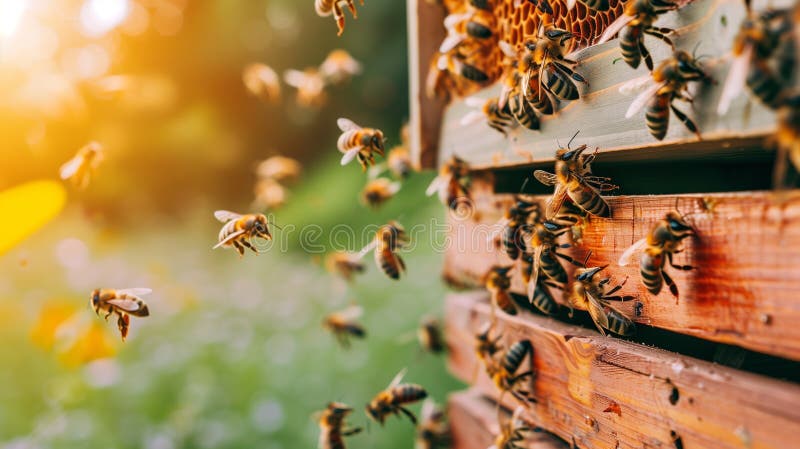 Honey Bees Swarming and Flying Around Their Beehive Stock Illustration ...